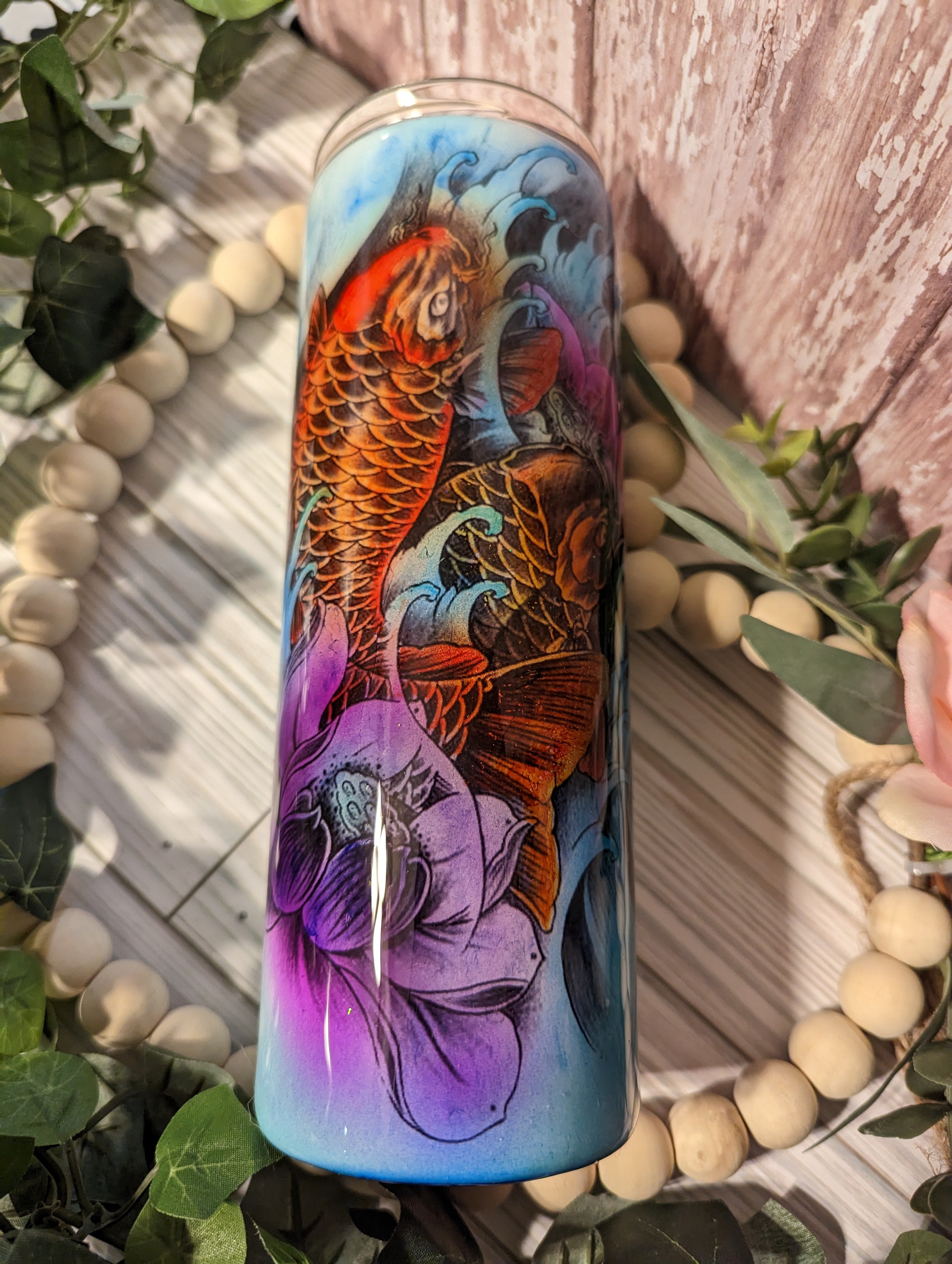 20 Oz skinny koi fish in light blue glitter swirl water epoxy tumbler ...